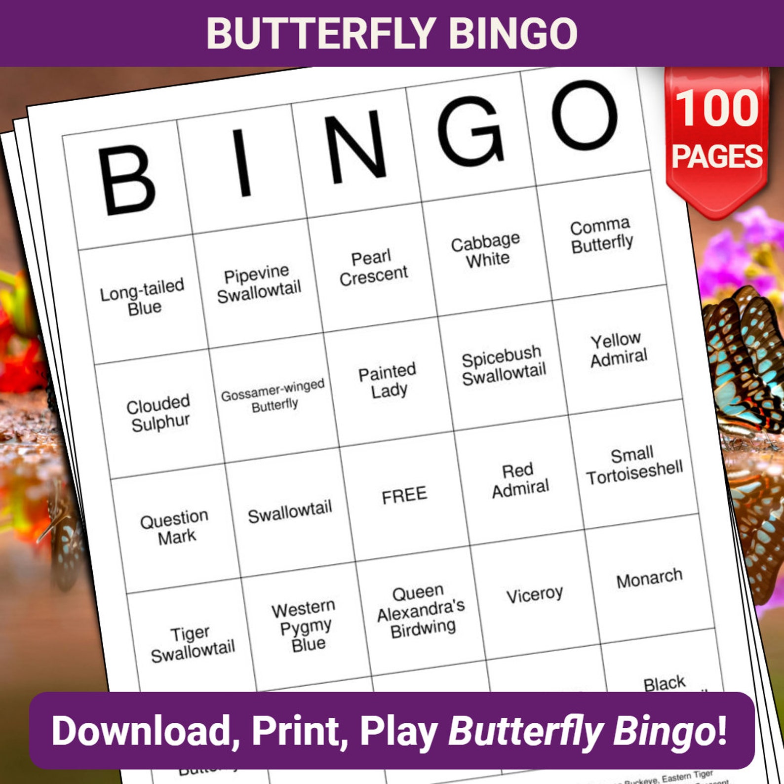Butterfly Bingo Cards - 100 Pages to Download and Print - Etsy