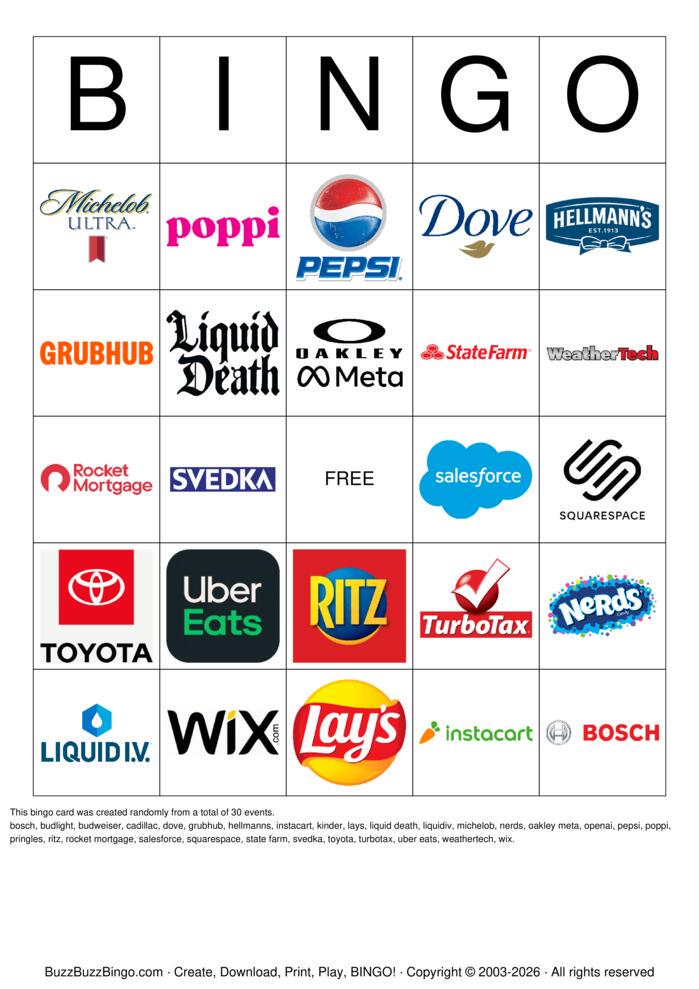 2026 BIG GAME Commercial Logos Bingo Cards - 100 Pages to Download and ...