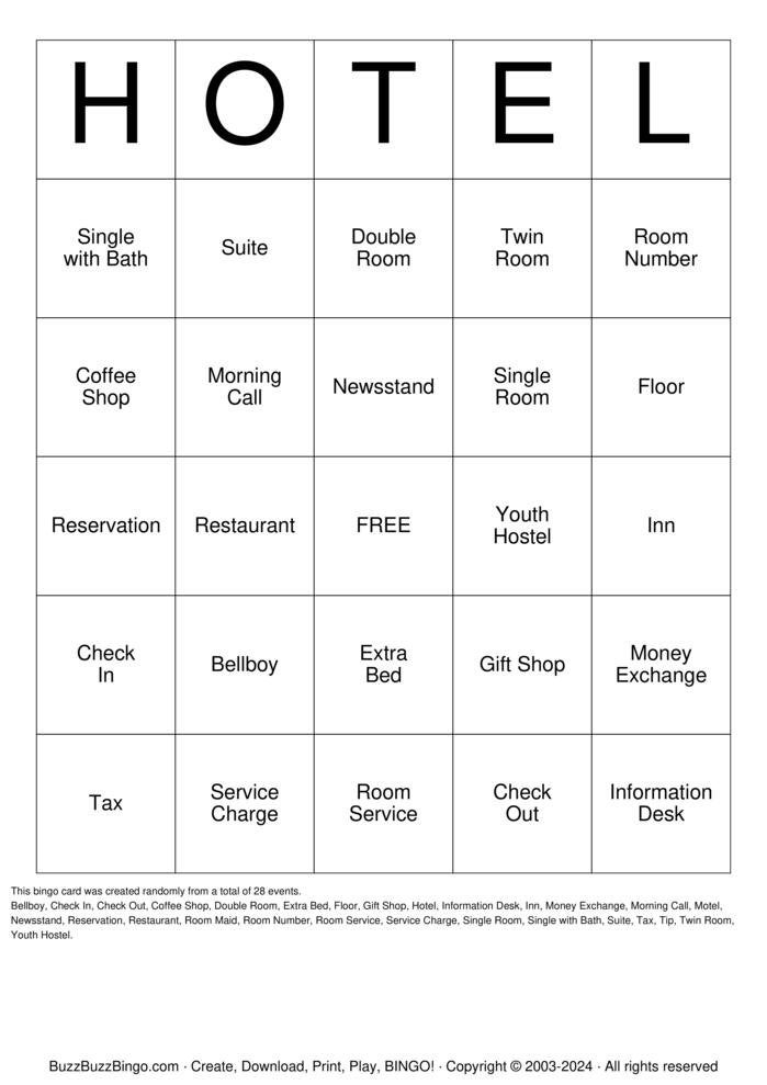 Hotel Bingo Cards - 100 Pages to Download and Print - Etsy