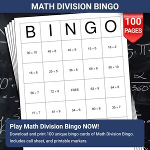 Math Division Bingo Cards - 100 Pages to Download and Print - Etsy