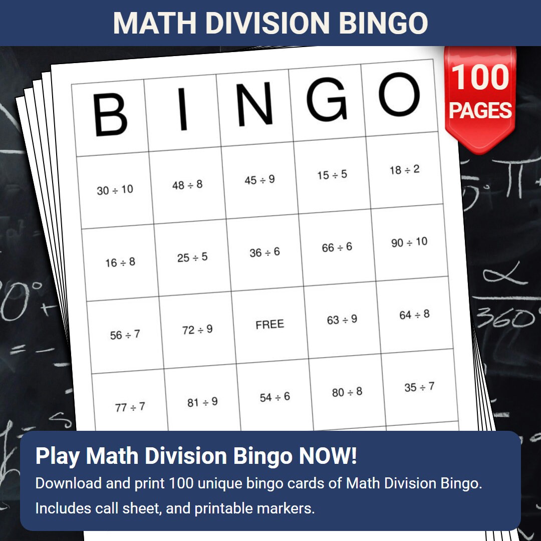 Math Division Bingo Cards - 100 Pages to Download and Print - Etsy