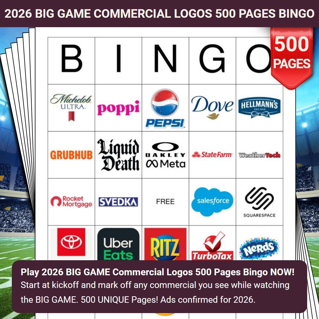2026 BIG GAME Commercial Logos 500 Pages Bingo Cards - 500 Pages to ...