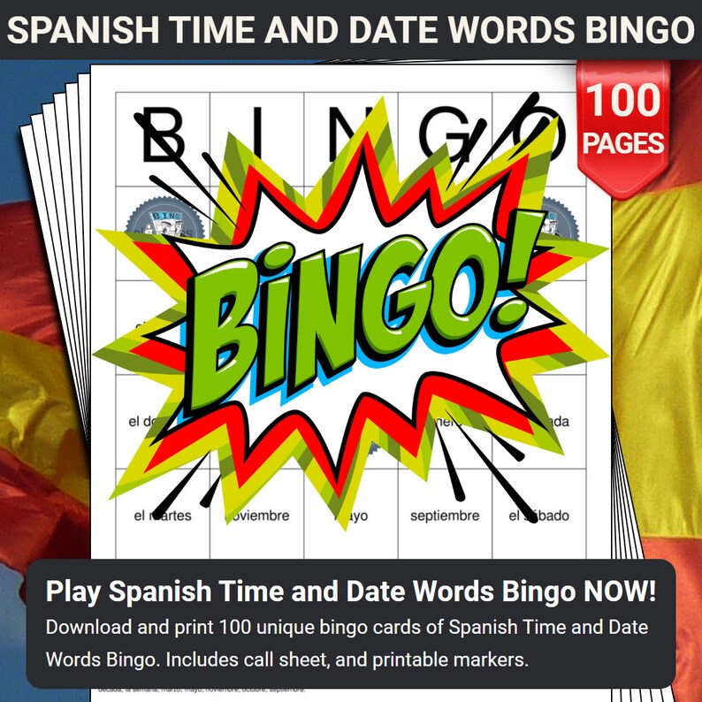 Spanish Time and Date Words Bingo Cards - 100 Pages to Download and ...