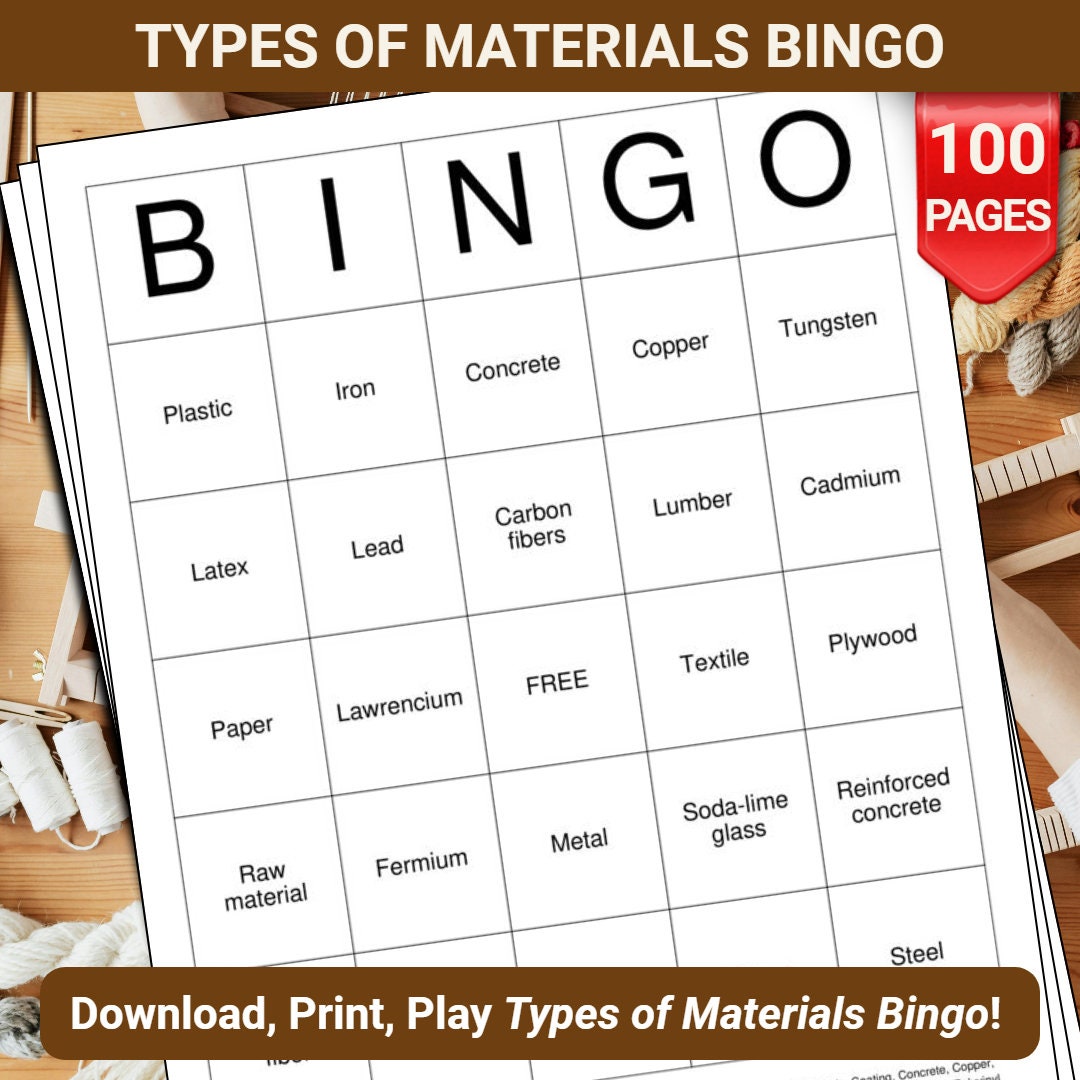Types of Materials Bingo Cards - 100 Pages to Download and Print - Etsy