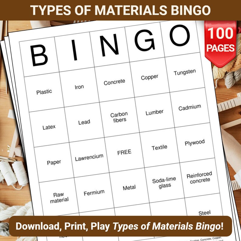 Types of Materials Bingo Cards - 100 Pages to Download and Print - Etsy