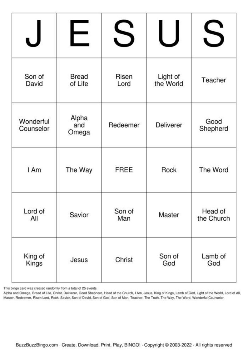 Names of Jesus Bingo Cards - 100 Pages to Download and Print - Etsy