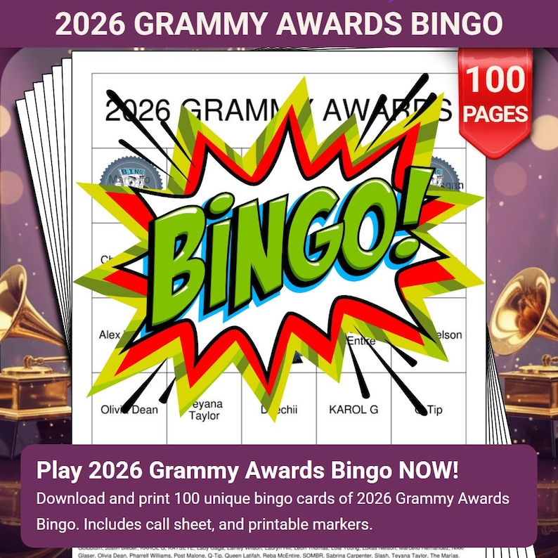 2026 Grammy Awards Bingo Cards - 100 Pages to Download and Print - Etsy