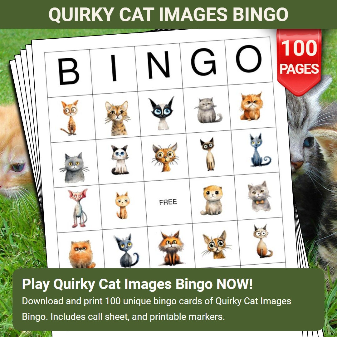 Quirky Cat Images Bingo Cards - 100 Pages to Download and Print - Etsy