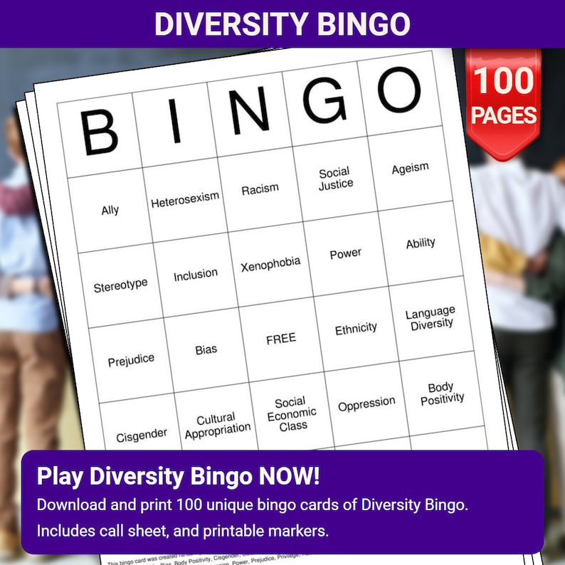 Diversity Bingo Cards - 100 Pages - Download and Print Bingo Instantly ...