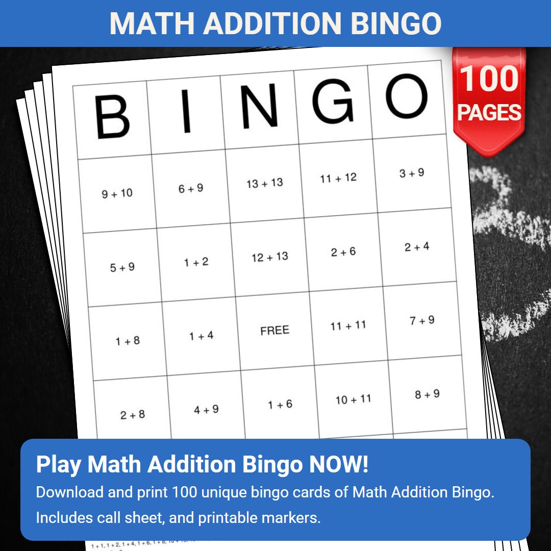 Math Addition Bingo Cards - 100 Pages to Download and Print - Etsy
