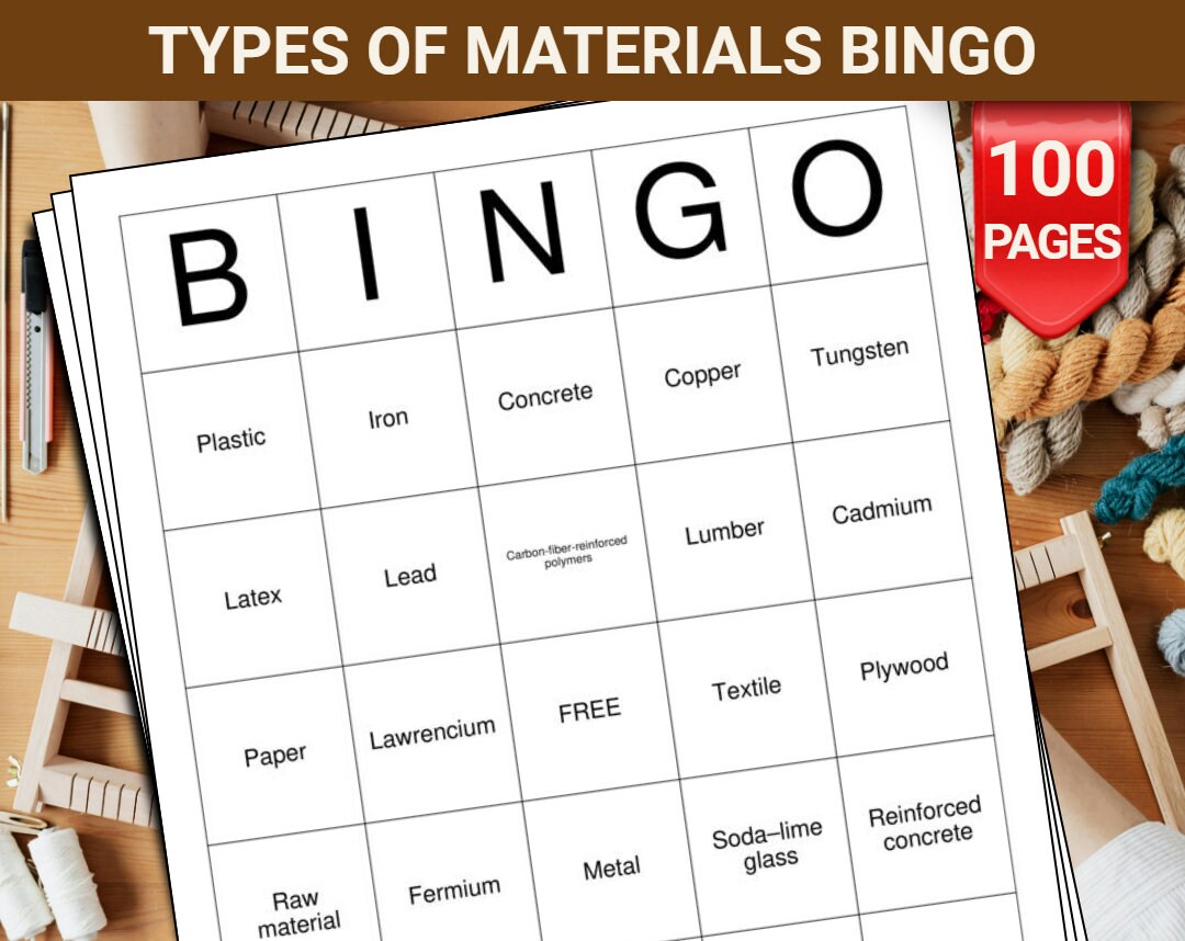 Types of Materials Bingo Cards 100 Pages to Download and Print - Etsy
