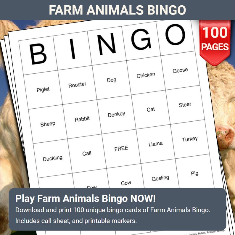 Farm Animals Bingo Cards - 100 Pages to Download and Print - Etsy