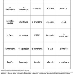Spanish Fruits and Vegetables Bingo Cards - 100 Pages to Download and ...