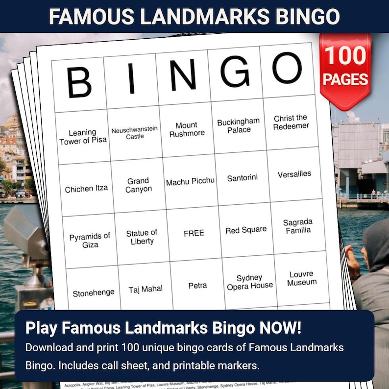 Famous Landmarks Bingo Cards - 100 Pages to Download and Print - Etsy