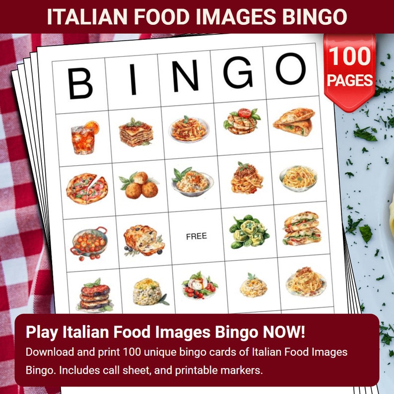 Italian Food Images Bingo Cards - 100 Pages to Download and Print - Etsy