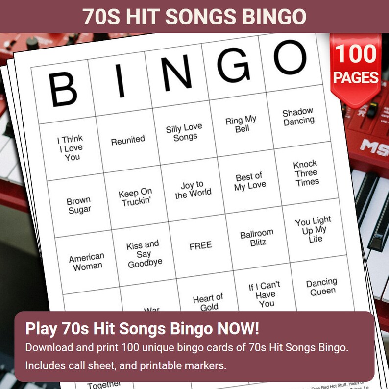 70s Hit Songs Bingo Cards - 100 Pages to Download and Print - Etsy