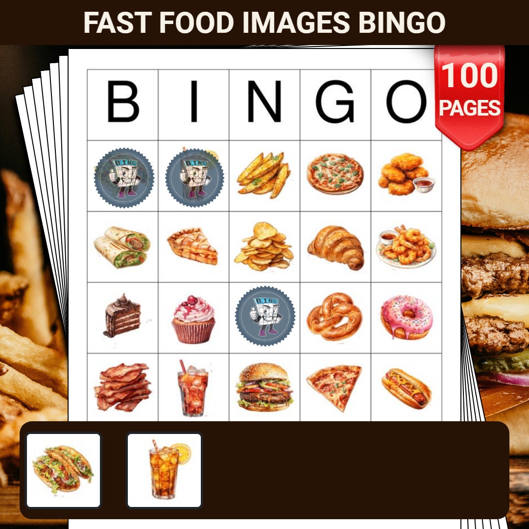 Fast Food Images Bingo Cards - 100 Pages to Download and Print - Etsy
