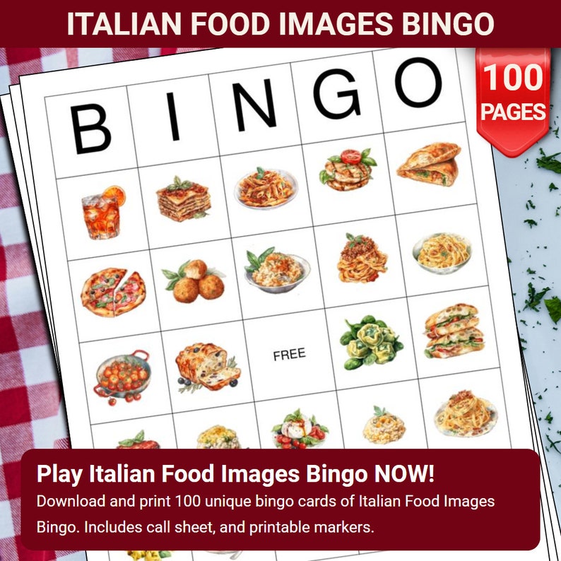 Italian Food Images Bingo Cards - 100 Pages to Download and Print - Etsy