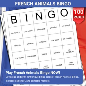French Animals Bingo Cards - 100 Pages to Download and Print - Etsy