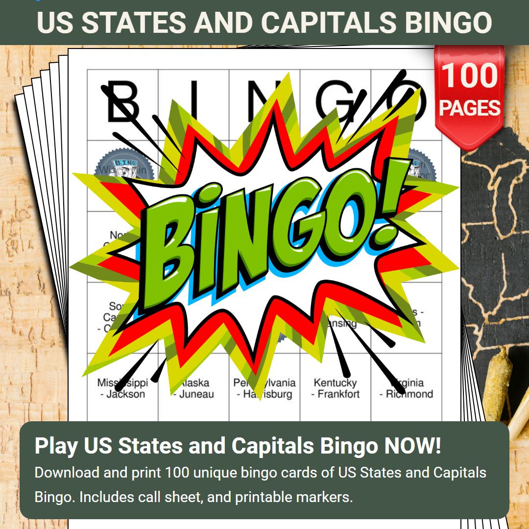 US States and Capitals Bingo Cards - 100 Pages to Download and Print - Etsy