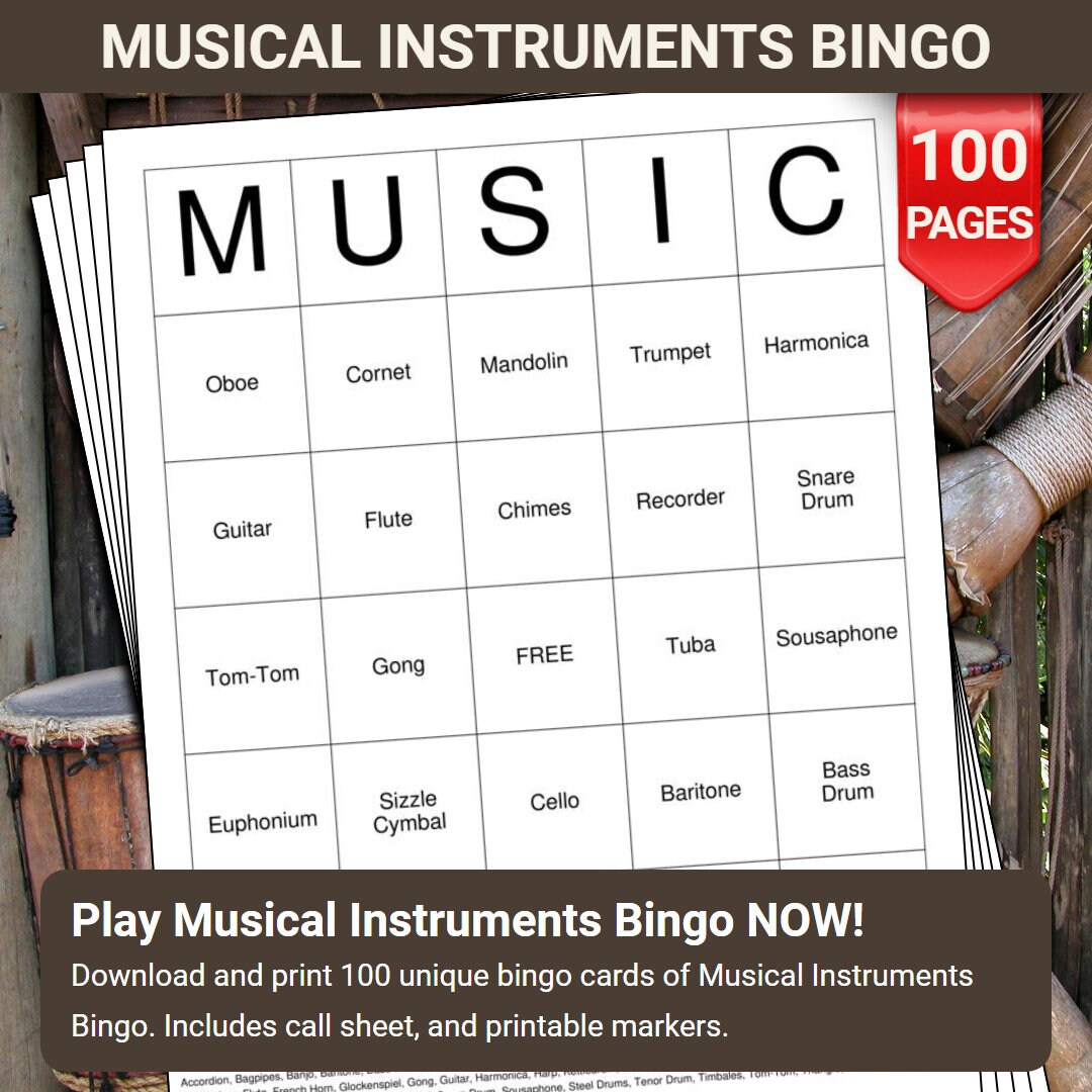 Musical Instruments Bingo Cards 100 Pages to Download and Print - Etsy
