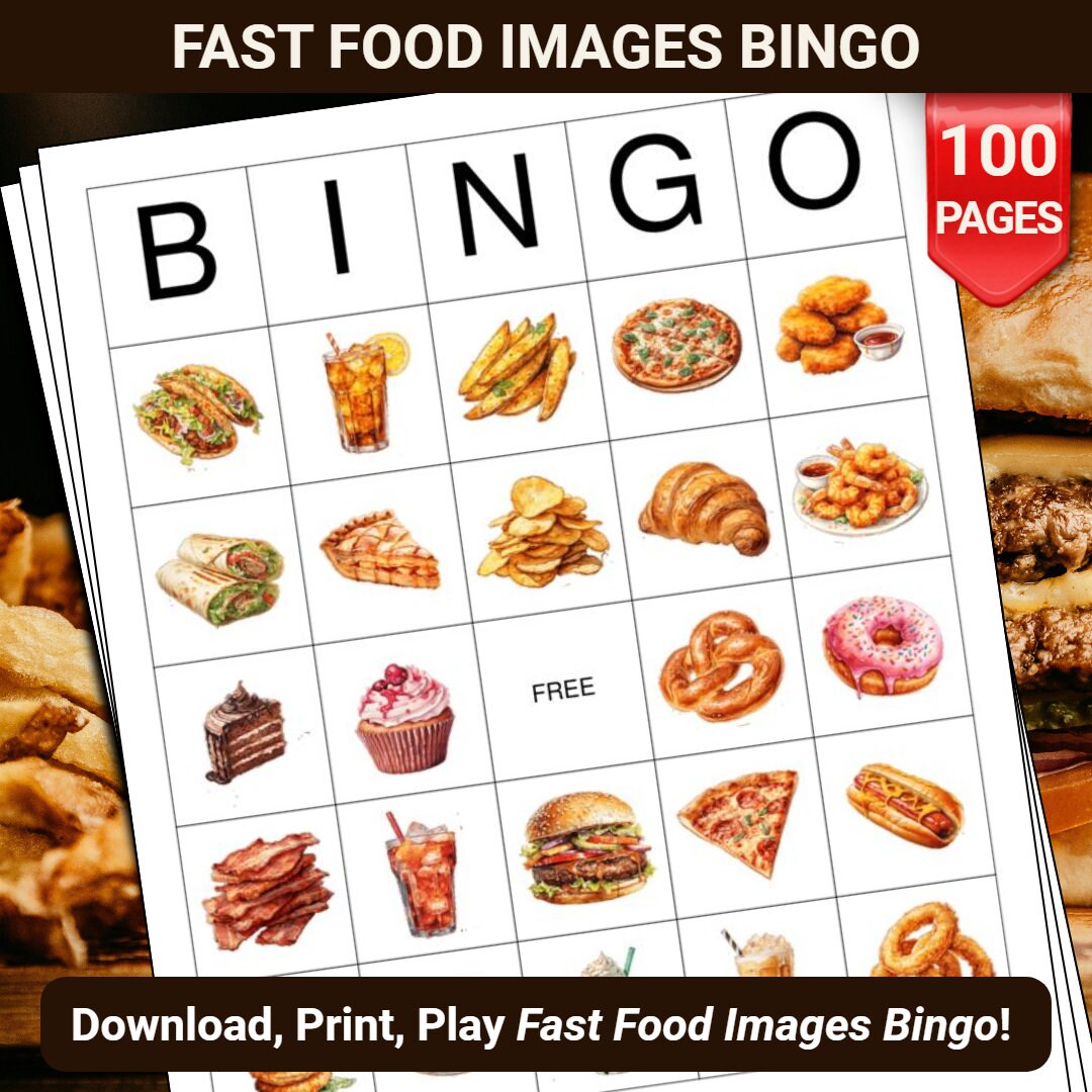 Fast Food Images Bingo Cards - 100 Pages to Download and Print - Etsy
