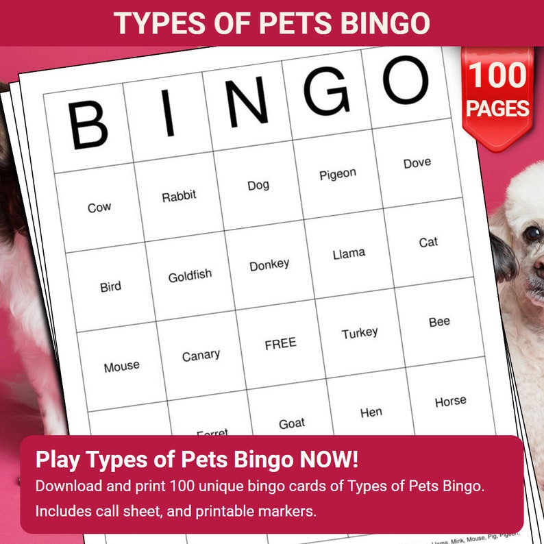 Types of Pets Bingo Cards - 100 Pages to Download and Print - Etsy