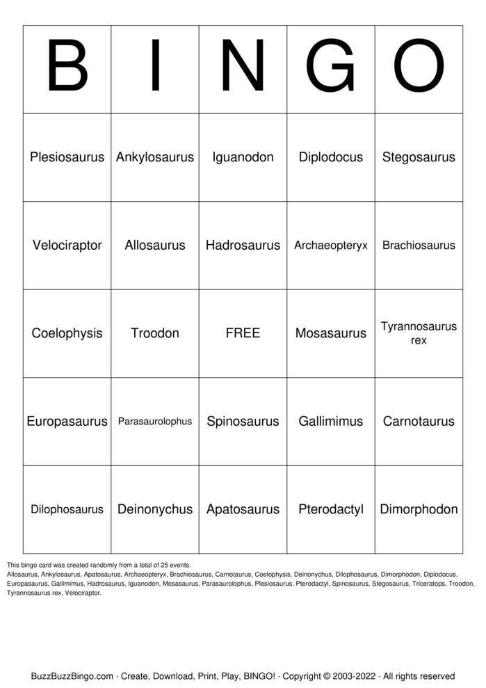 Types of Dinosaurs Bingo Cards - 100 Pages to Download and Print - Etsy