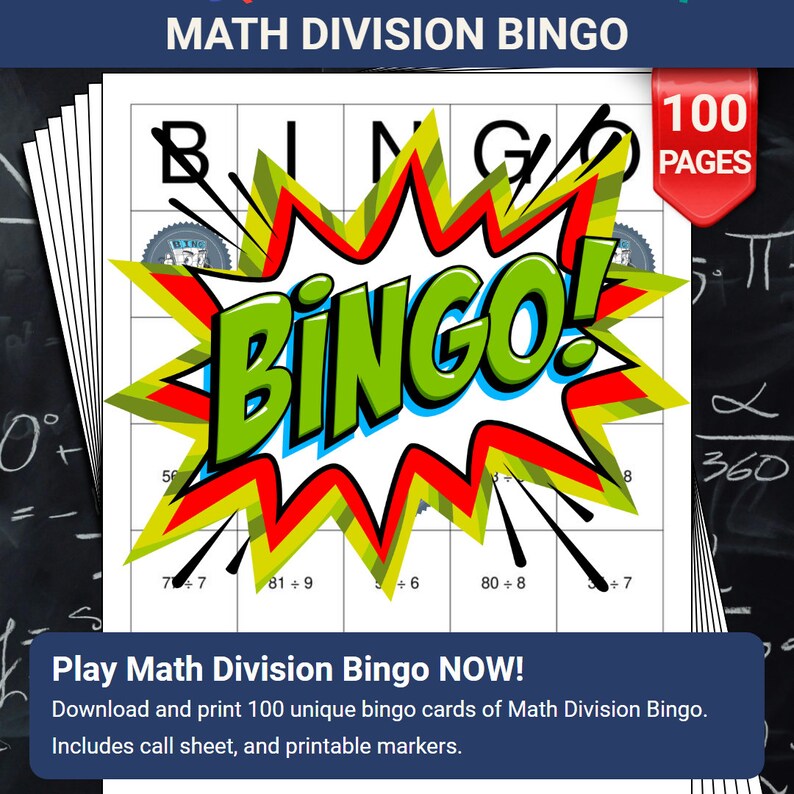 Math Division Bingo Cards - 100 Pages to Download and Print - Etsy