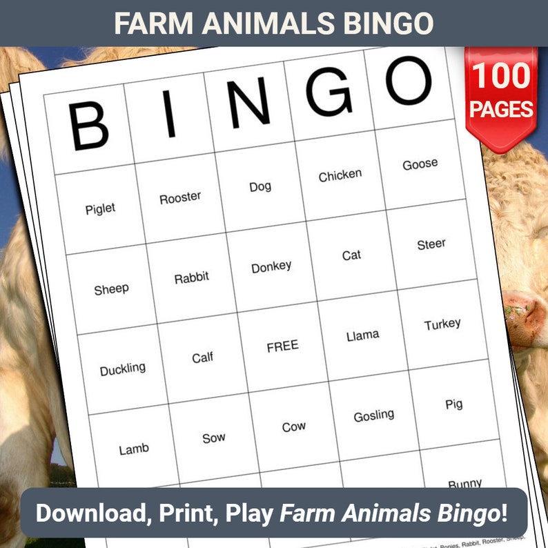 Farm Animals Bingo Cards - 100 Pages to Download and Print - Etsy
