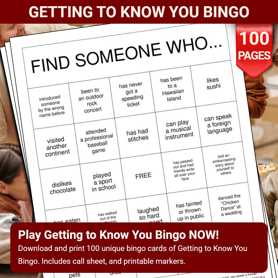Getting to Know You Bingo Cards - 100 Pages to Download and Print - Etsy