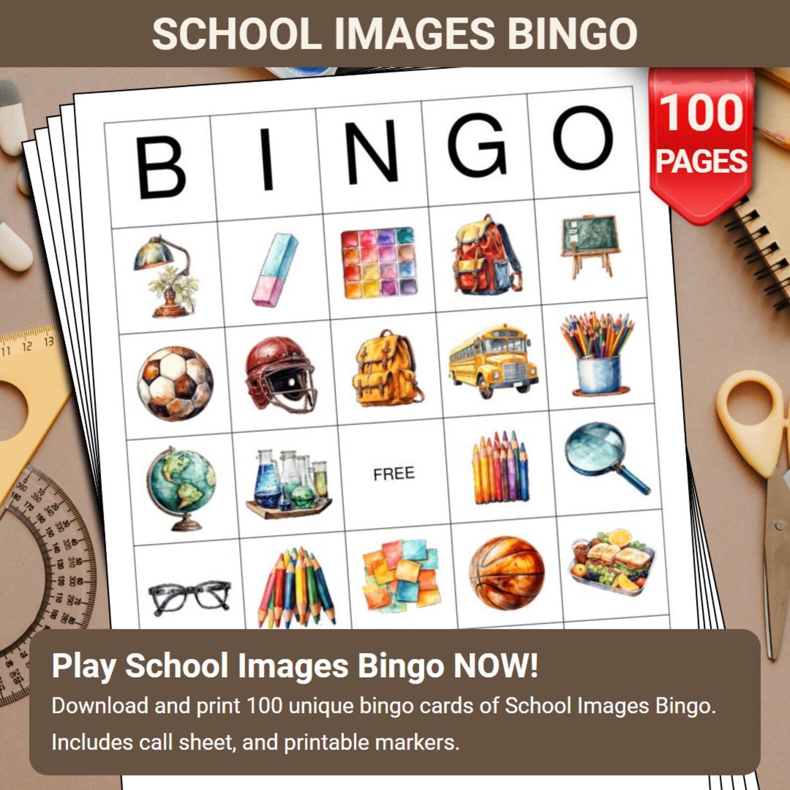 School Images Bingo Cards - 100 Pages to Download and Print - Etsy
