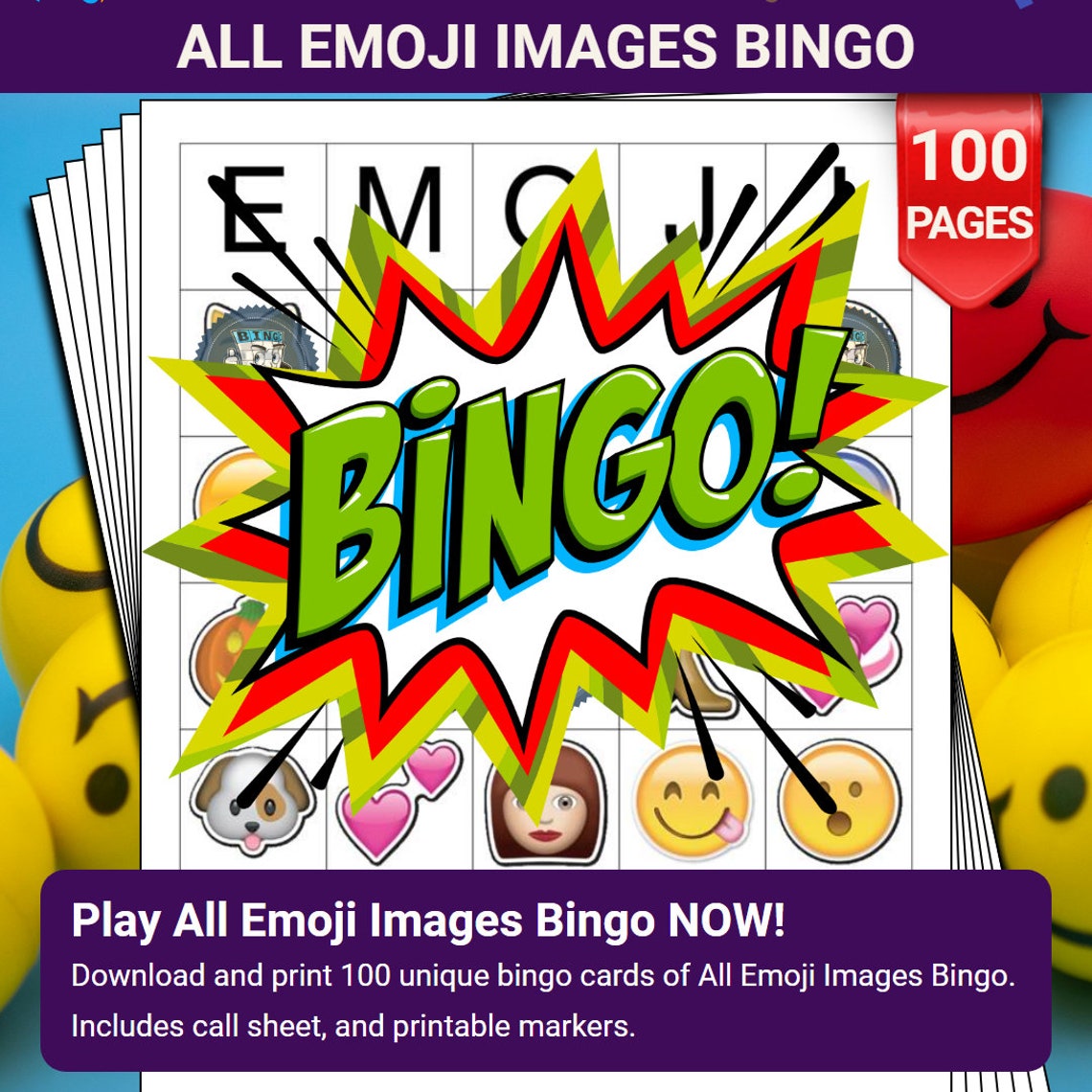 All Emoji Images Bingo Cards 100 Pages to Download and Print - Etsy