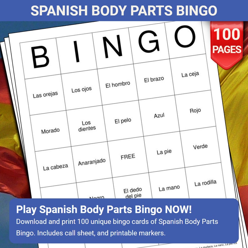 Spanish Body Parts Bingo Cards - 100 Pages to Download and Print - Etsy