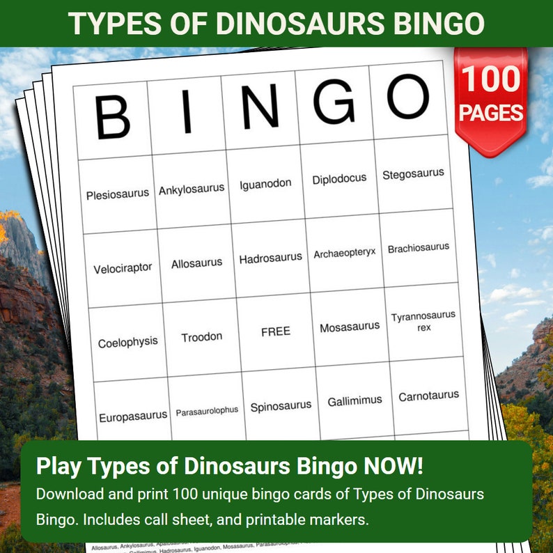 Types of Dinosaurs Bingo Cards - 100 Pages to Download and Print - Etsy