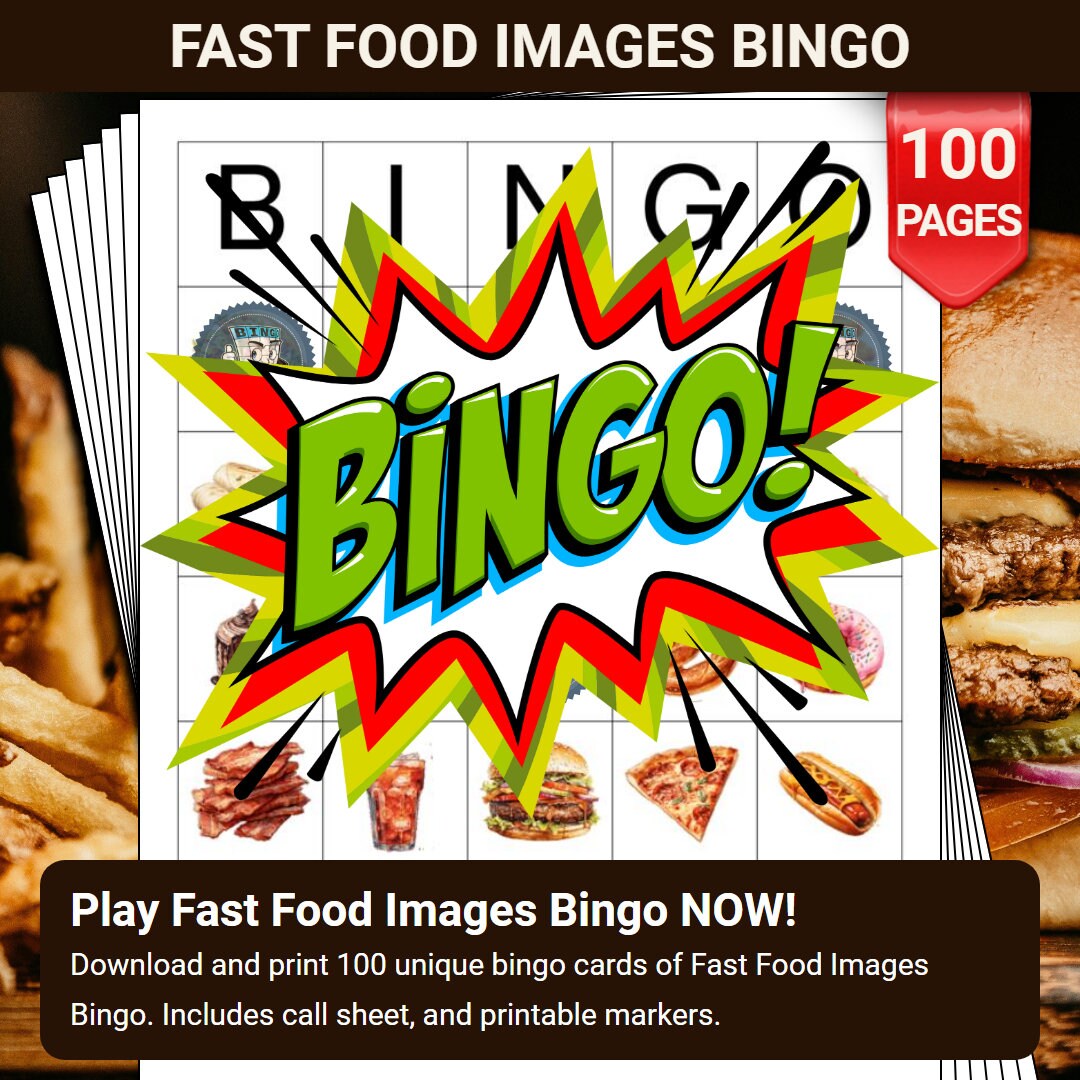 Fast Food Images Bingo Cards - 100 Pages to Download and Print - Etsy