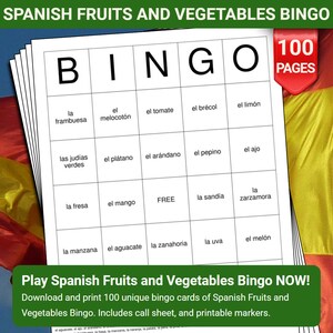 Spanish Fruits and Vegetables Bingo Cards - 100 Pages to Download and ...