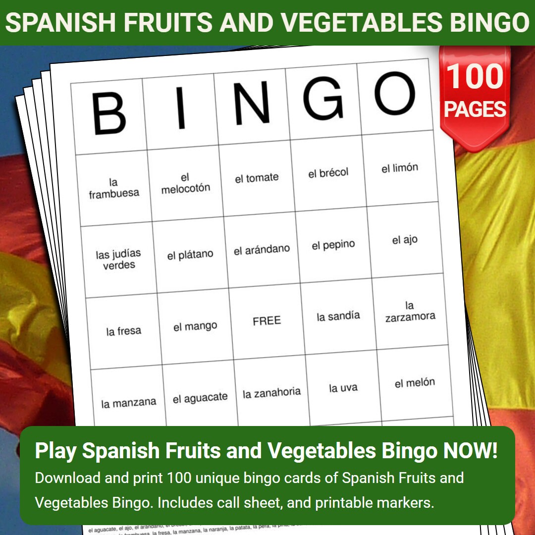 Spanish Fruits and Vegetables Bingo Cards - 100 Pages to Download and ...