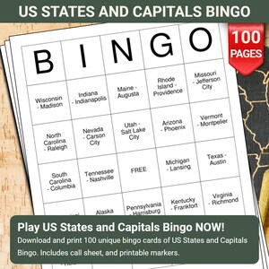 US States and Capitals Bingo Cards - 100 Pages to Download and Print - Etsy
