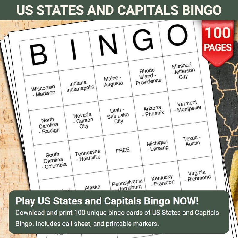 US States and Capitals Bingo Cards - 100 Pages to Download and Print - Etsy