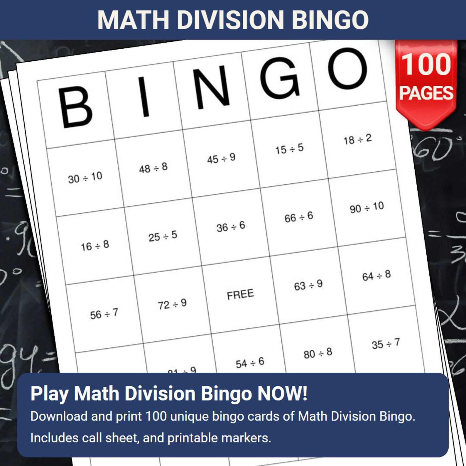 Math Division Bingo Cards - 100 Pages to Download and Print - Etsy