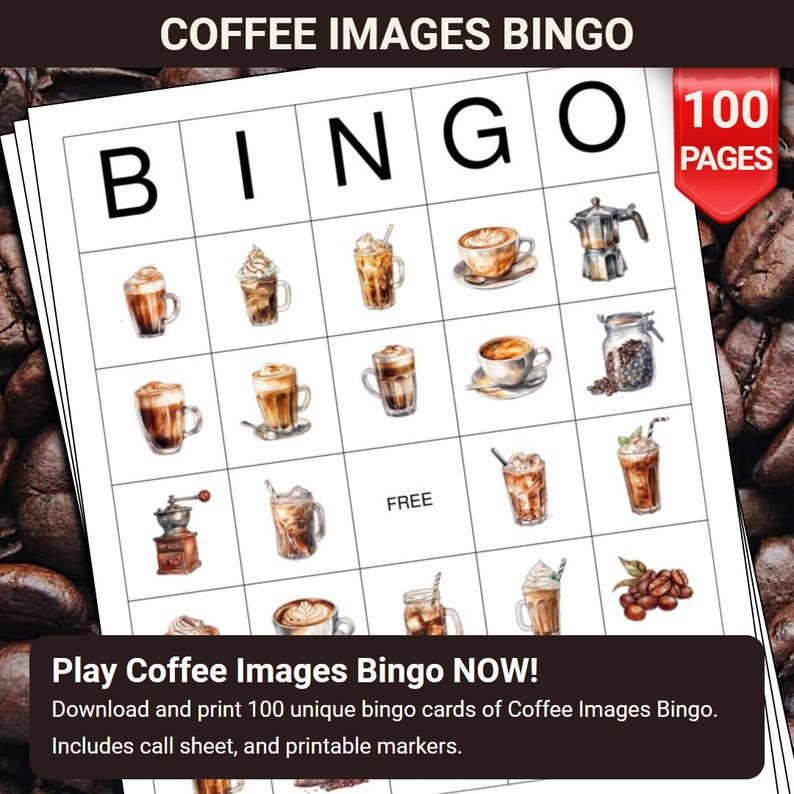 Coffee Images Bingo Cards - 100 Pages to Download and Print - Etsy