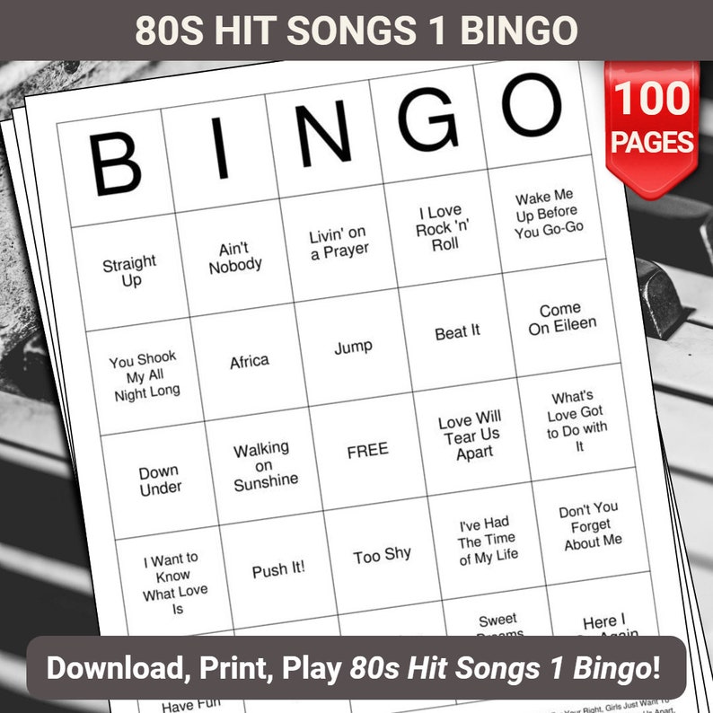 80s Hit Songs 1 Bingo Cards - 100 Pages to Download and Print - Etsy