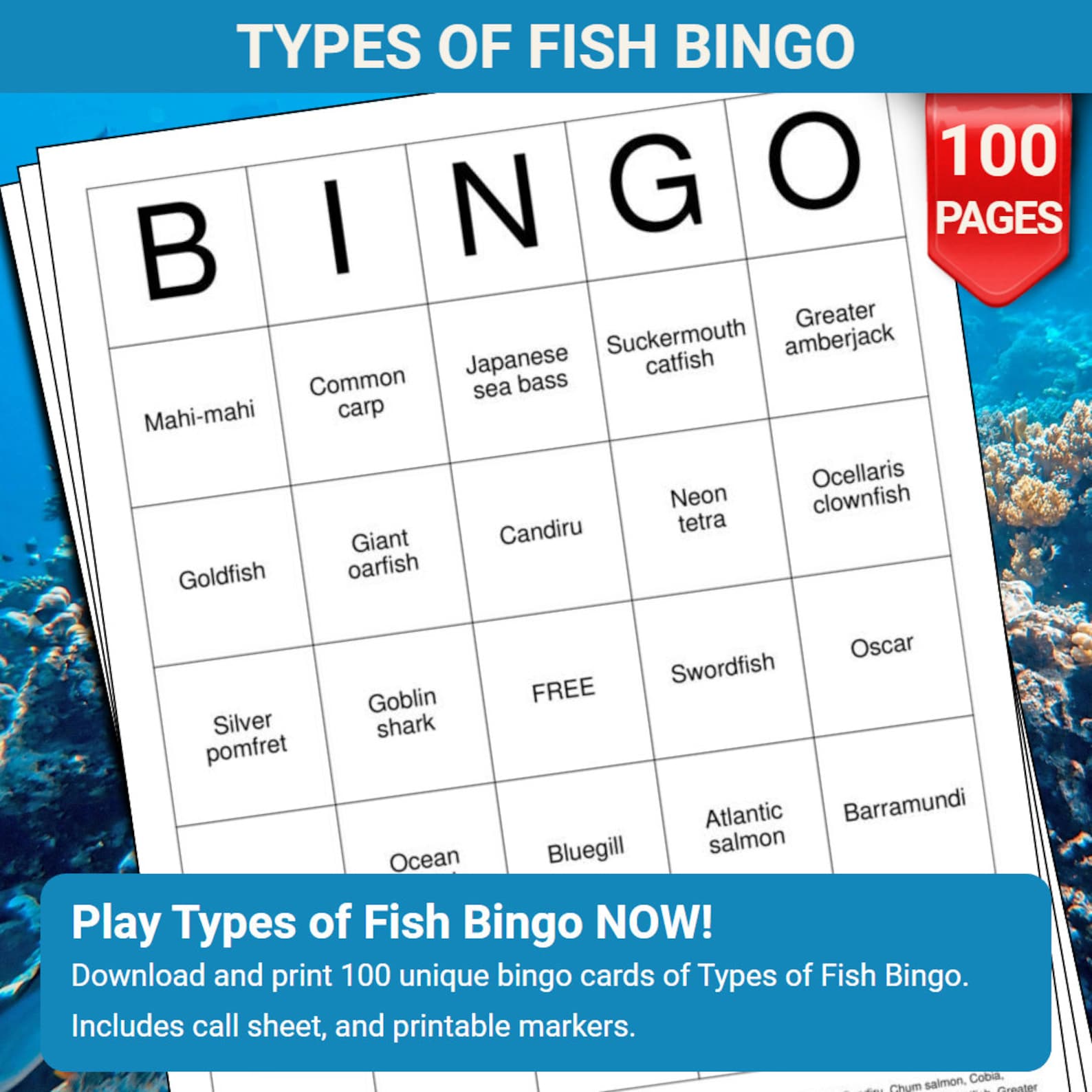 Types of Fish Bingo Cards - 100 Pages to Download and Print - Etsy