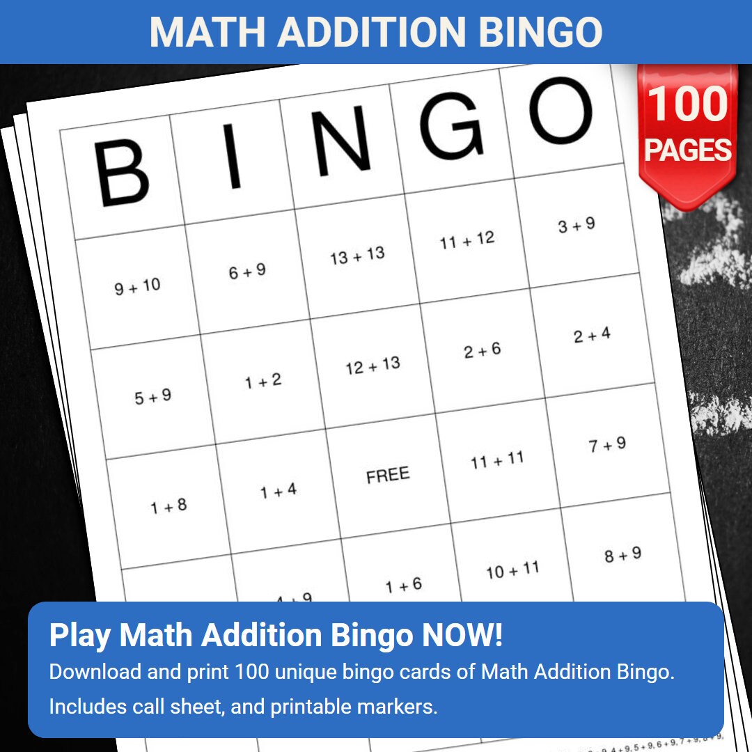 Math Addition Bingo Cards - 100 Pages to Download and Print - Etsy