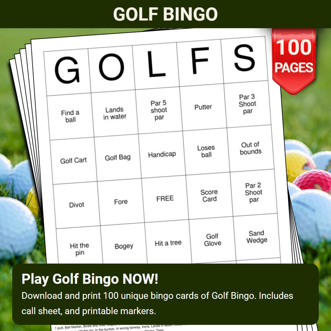 Golf Bingo Cards - 100 Pages to Download and Print - Etsy