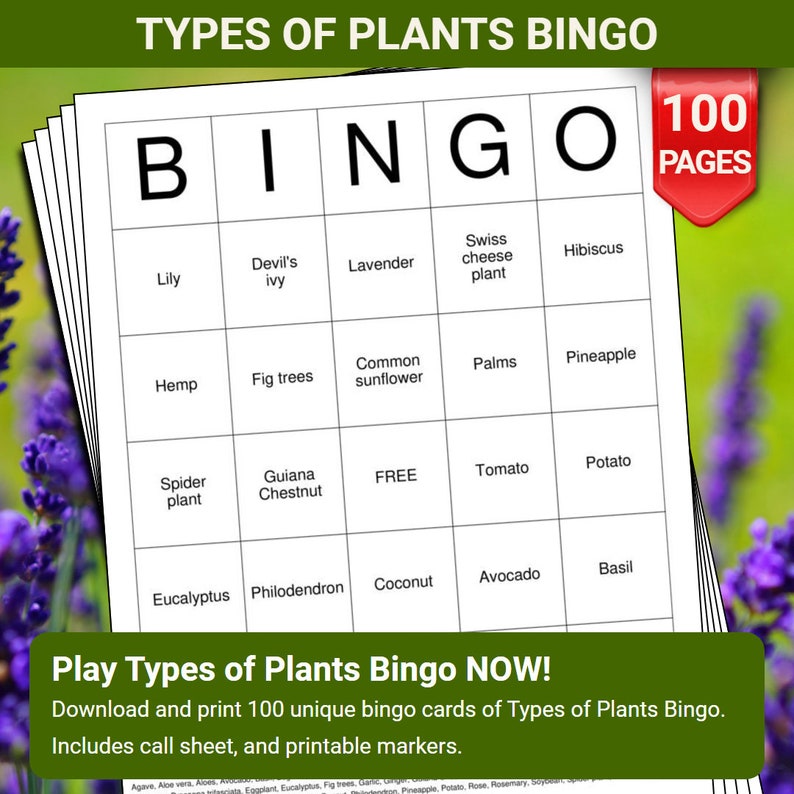 Types of Plants Bingo Cards - 100 Pages to Download and Print - Etsy