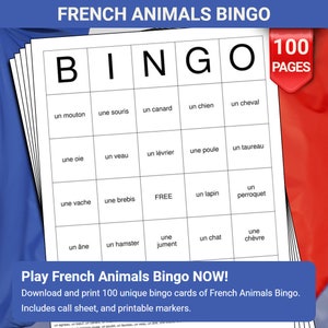 French Animals Bingo Cards - 100 Pages to Download and Print - Etsy