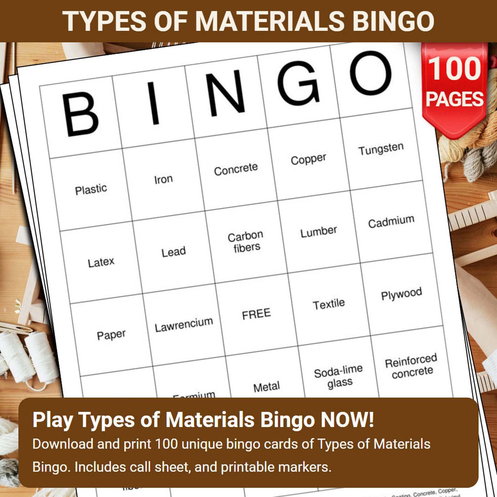 Types of Materials Bingo Cards - 100 Pages to Download and Print - Etsy