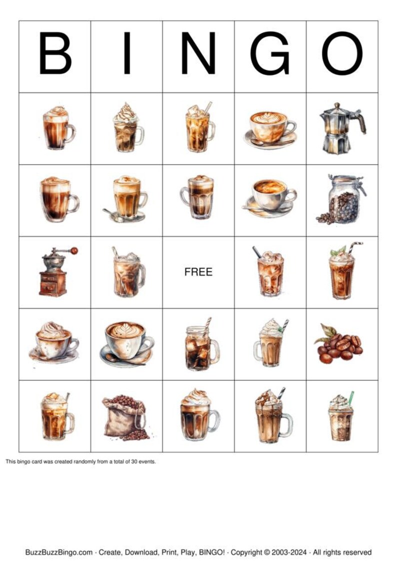 Coffee Images Bingo Cards - 100 Pages to Download and Print - Etsy